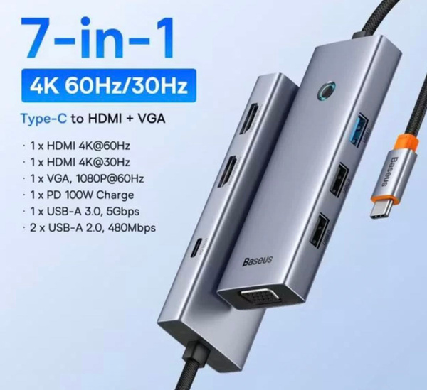 type-c hdmi usb-с хаб HUB HDMI 4K@60Hz/4K@30Hz Baseus разветвитель 7в1 для notebook ,MacBook VGA ...