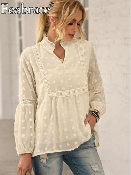 Блузка Женский Feabrate бежевый нейтральный Полиэстер Длинный Другое, размер 48, 50 свободный ...