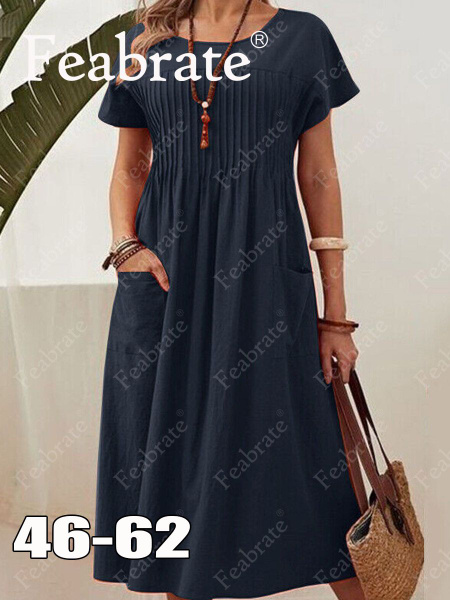 Платье Женский Feabrate синий Повседневный Короткий Лён, размер 46 Однотонный купить c доставкой ...