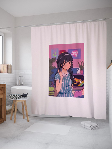 Штора для ванной 200x180 см JoyArty девочка, аниме, арт, цветы, маска, кот, осколки , девушка ...