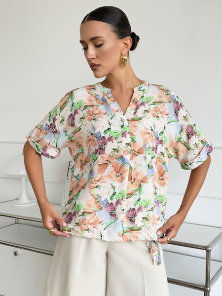 Блузка Женский HELLO MODA! кремовый, зеленый Хлопок Короткий Цветочный, размер 52, 54 свободный ...