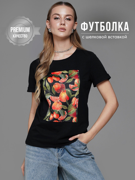 Футболка Женский SAHAR art lab черный, оранжевый Короткий, размер 44 Кулирная гладь Разноцветный ...