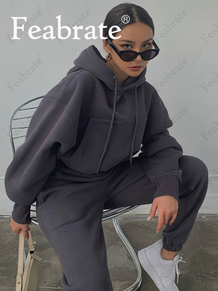 Костюм спортивный Женский Feabrate Спортивный брючный серый, размер 48 Однотонный Китай На любой ...