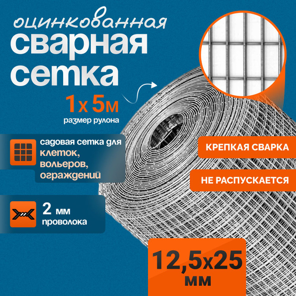 Сетка сварная для клеток 12,5х25х2 мм (рулон 1х5м) ГОСТ, крепкая сварка ...