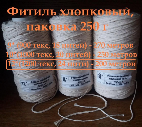 Фитиль для свечей хлопковый, крученый 9*-12* (18-24 нитей / 900 ...