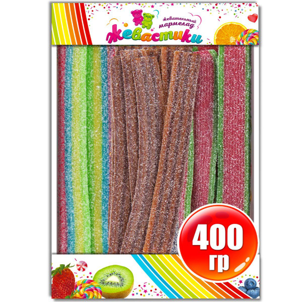 Мармелад жевательный ассорти ремешки (3 вида: арбуз, кола, радуга) 400г ...