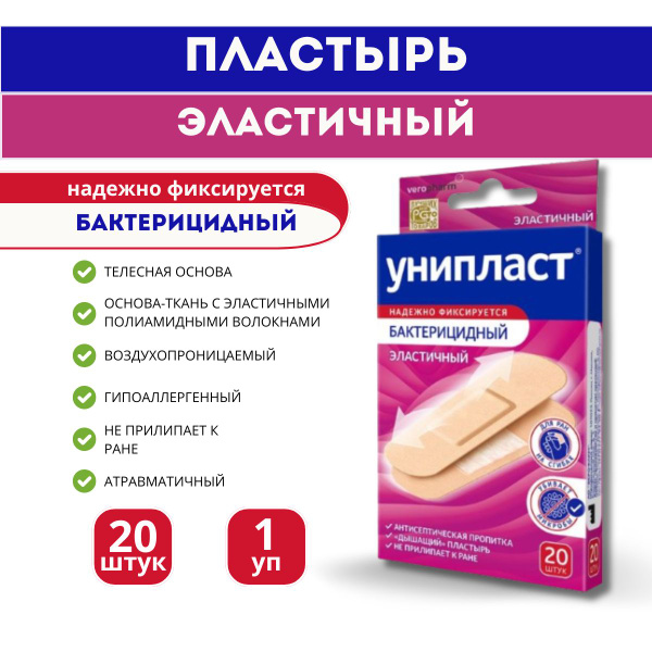 Лейкопластырь унипласт бактерицидный эластичный 1,9х7,2 см 20 шт ...