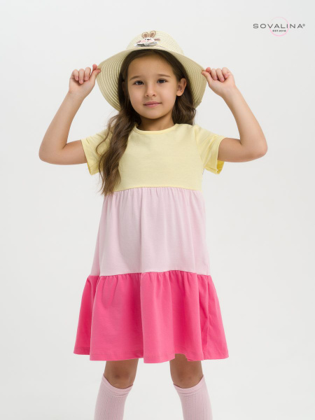 Платье Девочки SOVAlina желтый, розовый ярусное платье Повседневный Короткий Хлопок, Кулирная ...