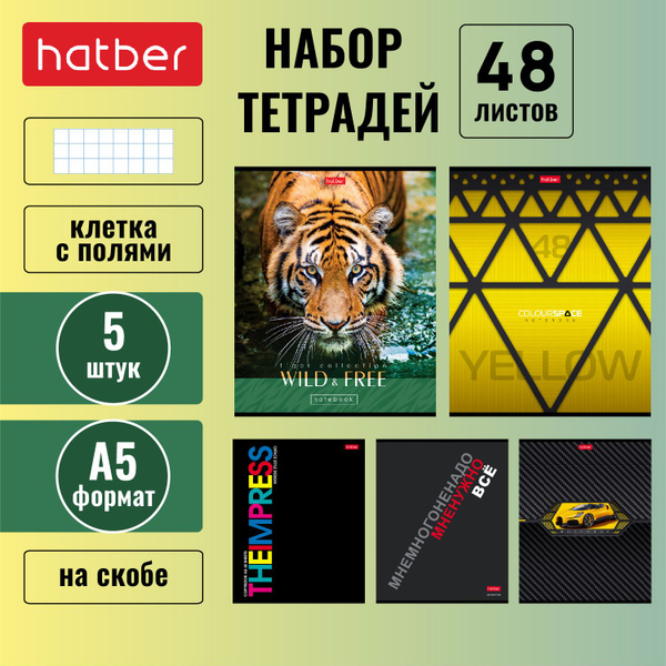 Набор тетрадей 5 штук/5 дизайнов Hatber 48 листов, в клетку на скобе, формата А5 -Для мальчиков ...