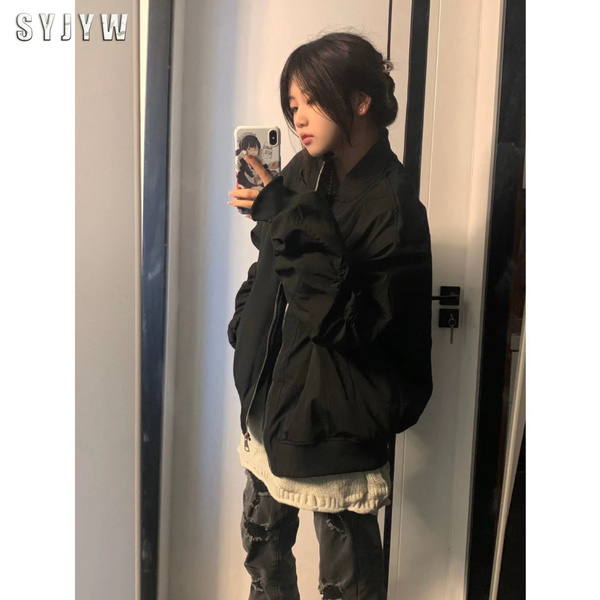 Бомбер Женский SYJYW Карманы черный Лавсан, размер 42 Длинный На любой сезон свободный Китай ...