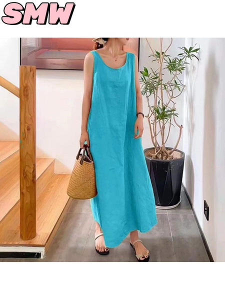 Новое простое хлопковое льняное платье большого размера без рукавов с круглым вырезом, S-5xl ...