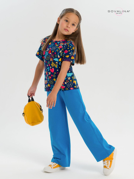 Комплект одежды Девочки SOVAlina Повседневный брючный синий, голубой, размер 116 Трикотаж ...