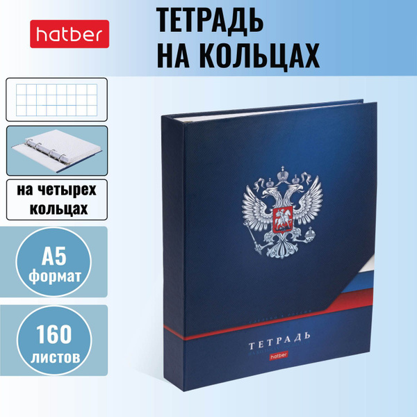 Тетрадь со сменным блоком Hatber 160 листов, формата А5, в клетку, на четырех кольцах, матовая ...