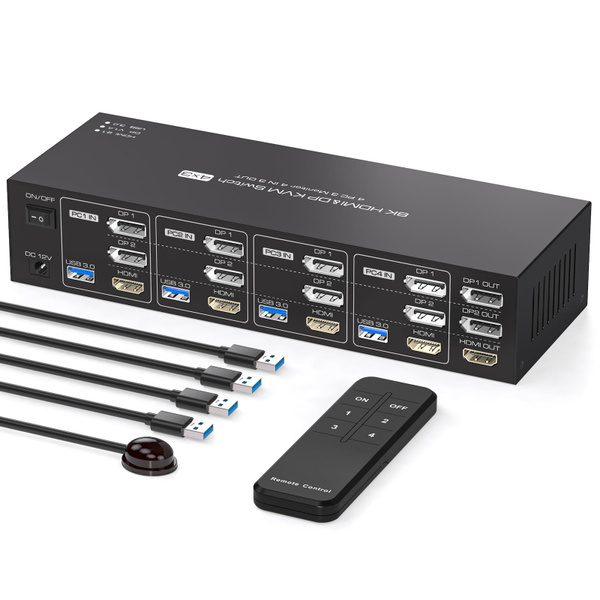 8K Displayport + HDMI KVM-коммутатор, 4 компьютера, 3 монитора - купить ...