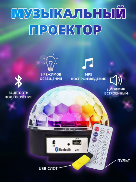 Светодиодный диско- шар MP3 Led Magic Ball Light с пультом управления ...