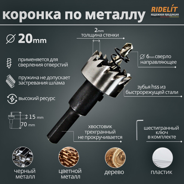 Коронка по металлу кольцевая 20 мм с центрирующим сверлом и пружиной ...
