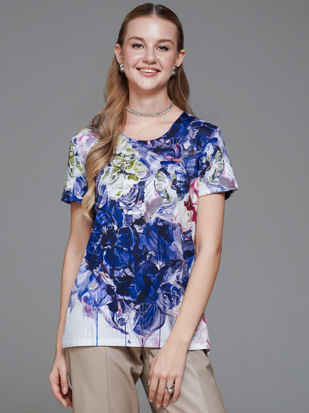 Футболка Женский SAHAR art lab синий, розовый Короткий, размер 52 Вискоза, Полиэстер ...