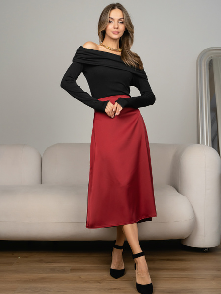 Юбка Женский Lefira бордовый Атлас прямая, размер 48 Резинка Миди Однотонный На любой сезон ...