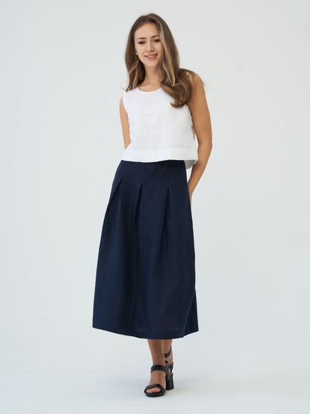Юбка Женский TRANGO темно-синий Лен в складку, размер 46 Резинка Миди Карманы Однотонный Лето ...