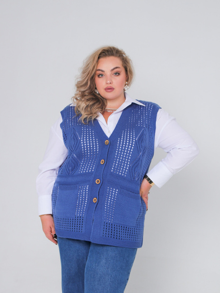 Жилет Женский SAFI&AMI Collection джинс, светлый джинс Трикотаж, размер 60 Декоративные пуговицы ...