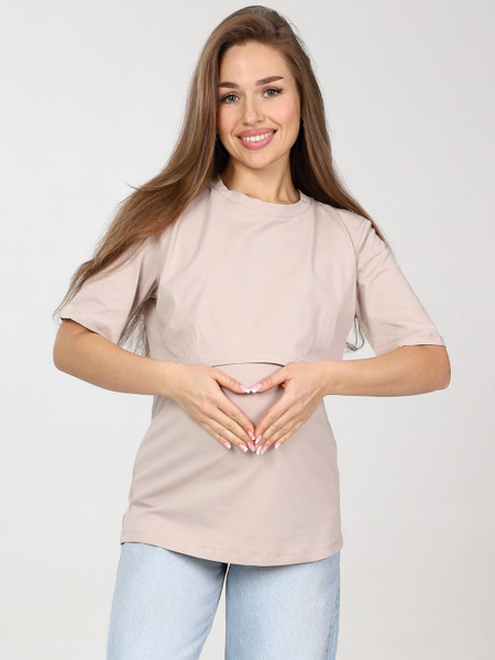 Футболка Женский mamajane светло-бежевый Короткий, размер 42 Трикотаж оверсайз Повседневный ...