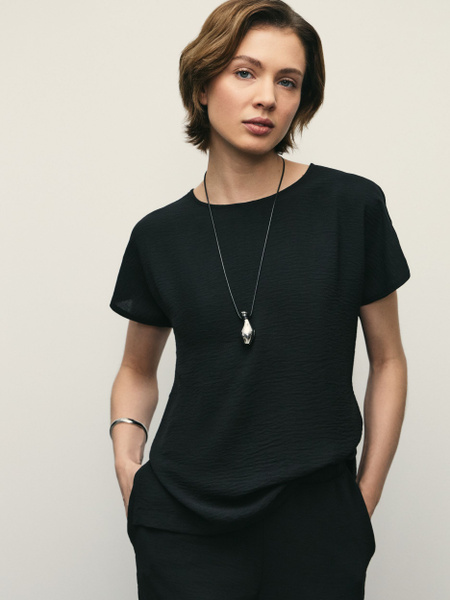 Блузка Женский Zarina черный Полиэстер Короткий Однотонный, размер 42 оверсайз Пуговицы Вьетнам ...