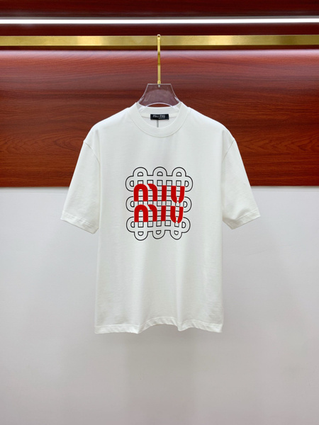 Футболка Мужской Женский Miu Miu белый Короткий размер 46 Хлопок Надписи Логотип облегающий