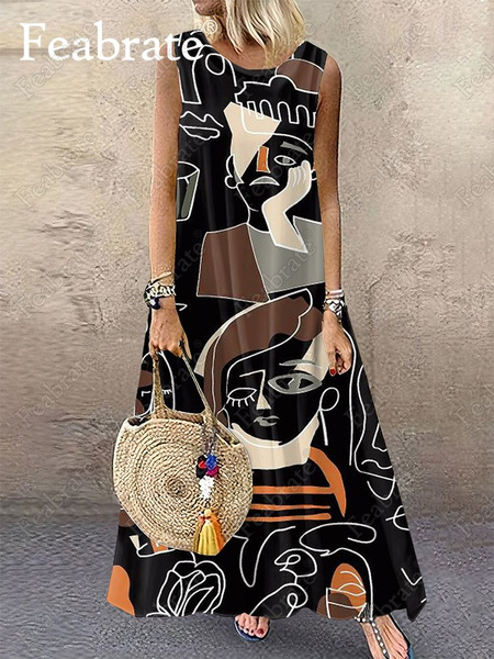 Платье Женский Feabrate черный Повседневный Без рукавов Хлопок, Лен, размер 56, 58 Без застежки ...