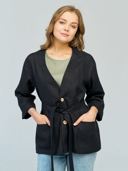 Жакет Женский TRANGO черный Лен, размер 46 прямой Три четверти однобортный Пуговицы Однотонный ...