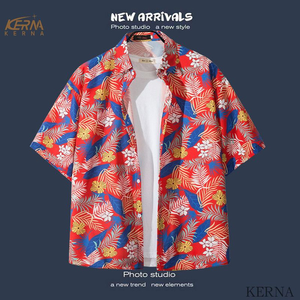 Рубашка Мужской KERNA красный Короткий Полиэстер Цветочный, размер 52, 54 облегающий Пуговицы ...