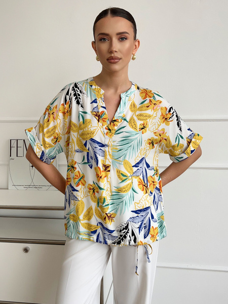 Блузка Женский HELLO MODA! белый, желтый Хлопок Короткий Цветочный, размер 52, 54 А-силуэт Без ...