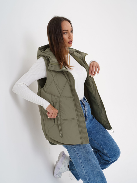 Жилет утепленный Женский KSV&HUV Капюшон, Карманы хаки, размер 56, 58 Полиэстер Холлофайбер ...