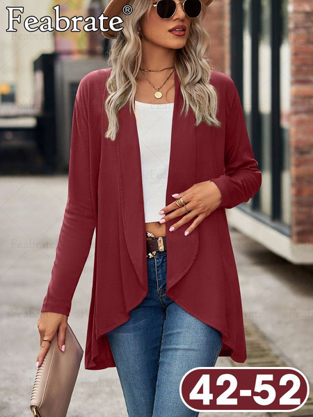 Кардиган Женский Feabrate бордовый Трикотаж, размер 48 Без застежки свободный Длинный Однотонный ...