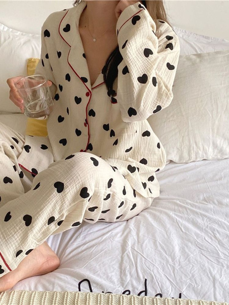 Пижама Женский SAIMEIQI с брюками, с рубашкой Муслин, размер 46 Сердца белый Россия купить c ...