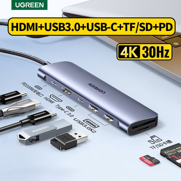 USB-Концентратор UGREEN 7-in-1 (15214),4K(30HZ)HDMI, USB-C 5Gbps, USB 3.0,SD, TF, PD 100W Hub ...