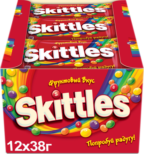 Конфеты драже Skittles Фрукты, в разноцветной глазури, 38 г х 12 шт ...