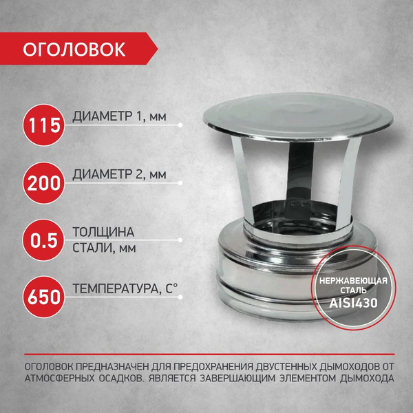 Оголовок для двустенного дымохода D 115 мм/ D 200 мм, нержавеющая сталь ...