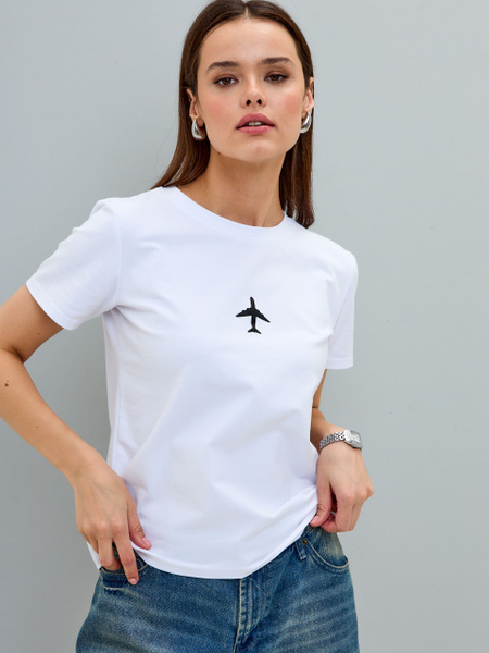 Футболка Женский Neprostogen белый черный Короткий размер 54 Хлопок Лайкра Логотип прямой