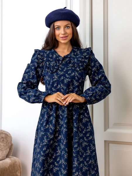 Платье Женский Cher-Neva синий прямое Вечерний/праздничный Длинный Хлопок Рюши, Воротник, размер ...