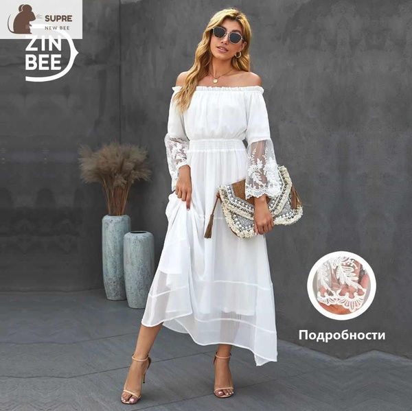 Платье Женский ZinBee белый Пляжный Длинный Кружево, размер 46 Без застежки Надписи купить c ...