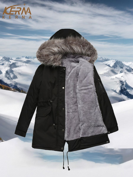 Парка Женский KERNA Карманы черный Полиэфирное волокно, размер 52 Длинный Зима облегающий ...