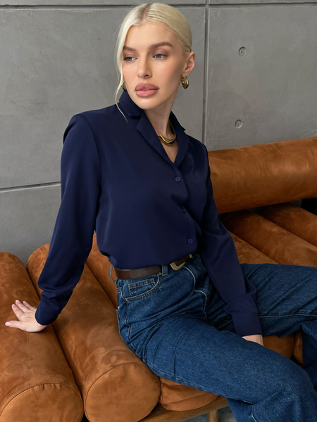 Рубашка Женский Camicia темно-синий Длинный Полиэстер Воротник, размер ...
