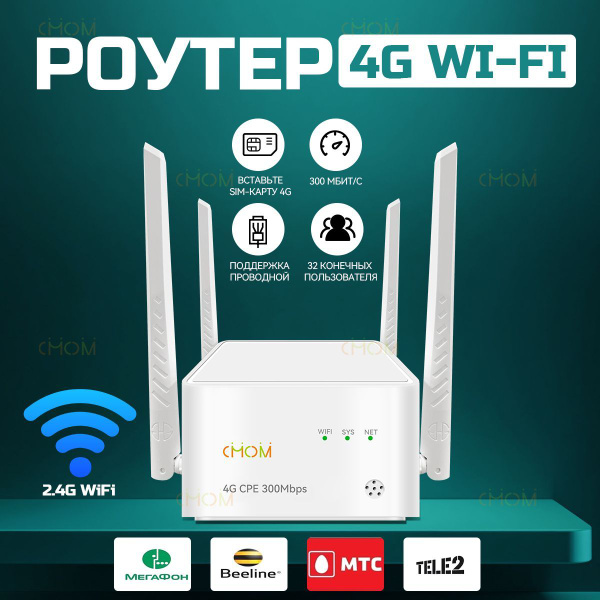 4G Wi-Fi Роутер для SIM-карты с 4 Антеннами Мощный Сигнал, 300 Мбит/с ...