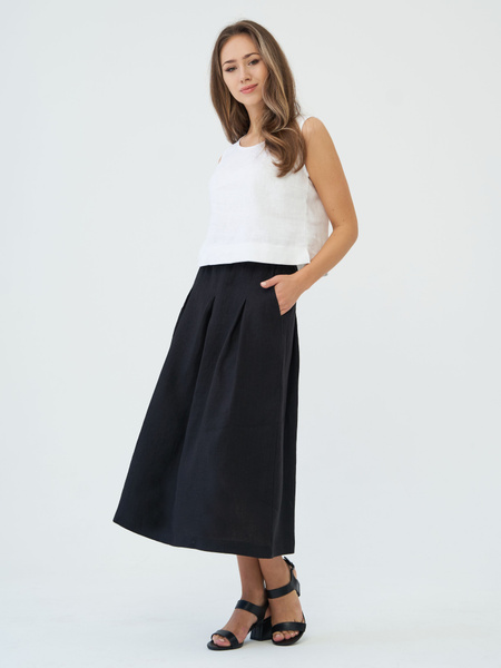 Юбка Женский TRANGO черный Лен в складку, размер 44 Резинка Миди Карманы Однотонный Лето ...