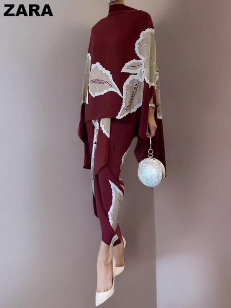 Комплект одежды Женский Zara Вечерний/праздничный бордовый, размер 48 Полиэстер Орнамент ...