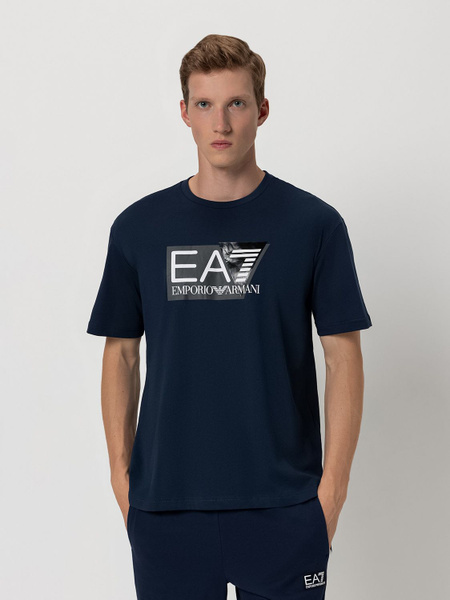 Футболка Мужской EA7 темно-синий, размер 52, 54 Хлопок Логотип Повседневный Камбоджа купить c ...