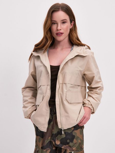 Ветровка Женский Avese Капюшон, Карманы бежевый капюшон Хлопок, Нейлон, размер 46 Длинный Лето ...