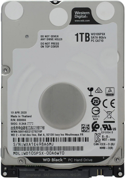 Жесткий диск WD Original SATA-III 1Tb WD10SPSX Black (7200rpm) 64Mb 2.5" HDD 1 ТБ Внутренний ...