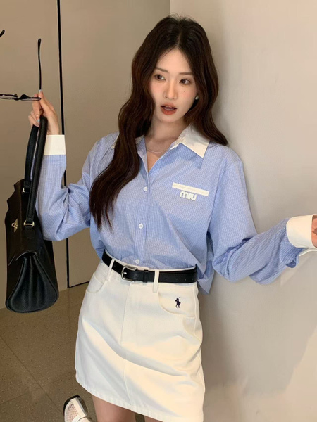 Рубашка Женский Miu Miu синий Длинный Хлопок Надписи размер 42 44 Пряжка Китай купить C