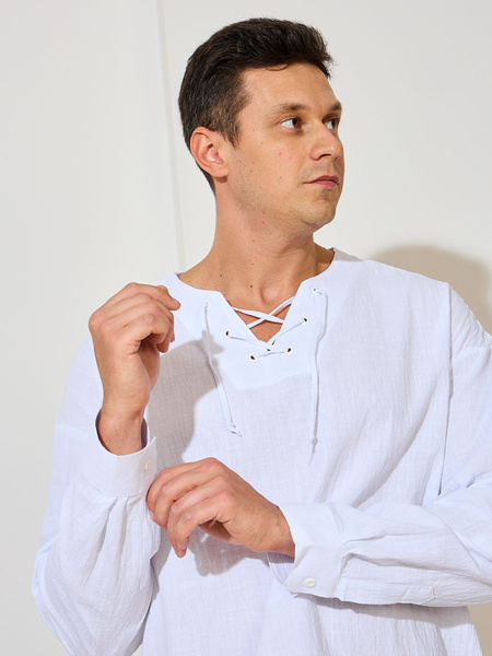 Рубашка Мужской HB-StyLe белый Длинный Лён Капюшон, Шнуровка Однотонный, размер 52 свободный ...